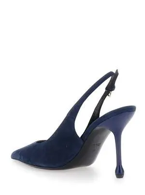 LEPLAIN Pointed Toe Pumps With Adjustable Strap In Blue Suede For