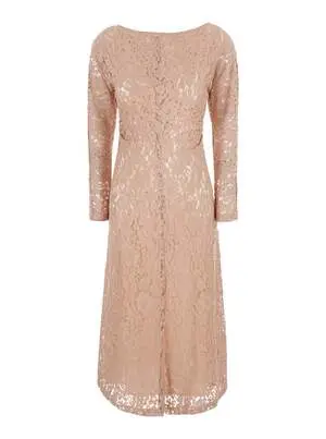 LEPLAIN Long Crew Neck Dress With All-over Lace Embroidery In Fabric For - Pink