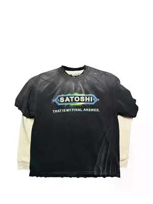 SATOSHI NAKAMOTO Distressed Layered-sleeve T-shirt - Black