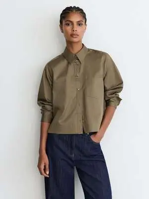 REISS Carlotta Cotton Cropped Long-sleeve Shirt - Khaki