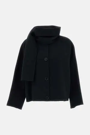 Max Mara Giacca Crop In Drap Di Lana Con Sciarpa - Nero