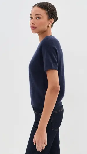 LE BOP Rosa Short Sleeve Cashmere Sweater - Navy