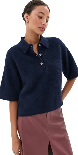 LE BOP Callie Brushed Wool Polo Sweater Navy