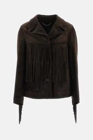 GOLDEN GOOSE Giacca In Pelle Cerata Con Frange - Marrone