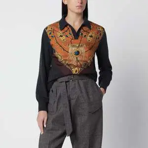 Etro Grey Wool And Cashmere Sweater With Printed Silk Intarsia