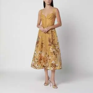 Zimmermann Momentum Midi Dress In Silk And Linen With Textured Detailing - Silver