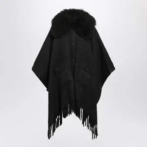 Moncler Cape In Wool, Mohair And Alpaca Blend With Shearling Collar - Black