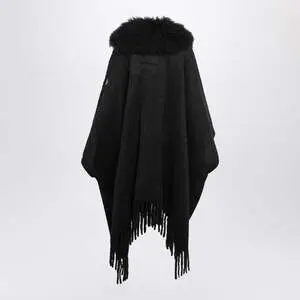 Moncler Cape In Wool, Mohair And Alpaca Blend With Shearling Collar - Black