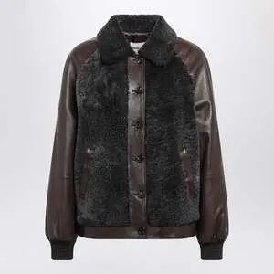 Miu Miu Leather Blouson Jacket With Grey Shearling - Brown