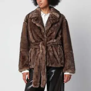 STAND STUDIO Brown Silena Jacket In Faux Fur With Belt - Cream