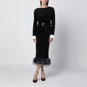 SELF-PORTRAIT Midi Chenille Knit Dress With Feather Trim - Black