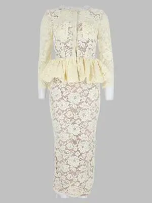 SELF-PORTRAIT Abito Midi In Pizzo Con Peplo - Yellow