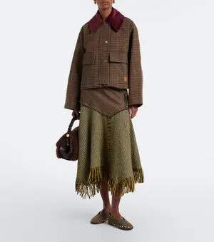 GANNI Fringed Houndstooth Wool-blend Midi Skirt