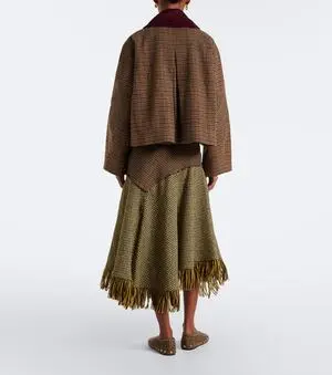 GANNI Fringed Houndstooth Wool-blend Midi Skirt