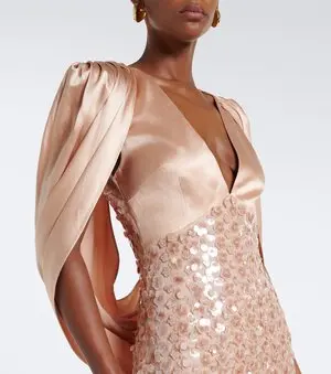 LA FUORI Là Fuori Caped Sequined Silk Satin Gown