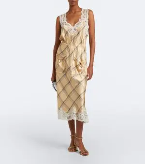 Rabanne Plaid Lace-trimmed Silk Satin Midi Dress