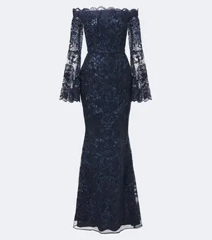 Elie Saab Sequined Off-shoulder Lace Bustier Gown