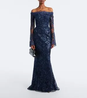 Elie Saab Sequined Off-shoulder Lace Bustier Gown