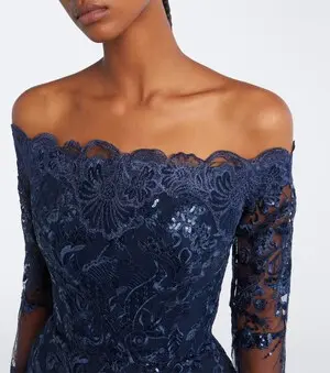 Elie Saab Sequined Off-shoulder Lace Bustier Gown