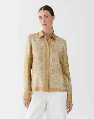 Lafayette 148 New York Bandana Print Silk Twill Button Front Blouse - Wheat Multi