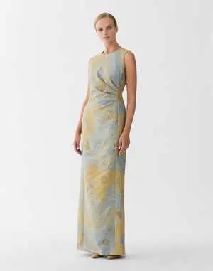 Lafayette 148 New York Paisley Jacquard Pleated Sleeveless Gown - Wheat Multi