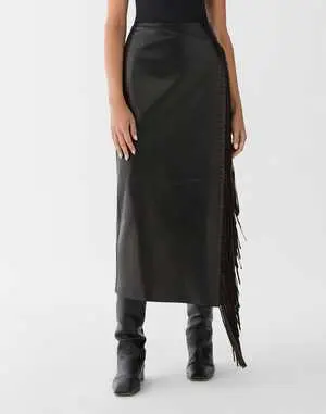 Lafayette 148 New York Nappa Leather Whipstitch Fringe Midi Skirt - Black
