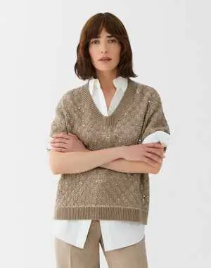 Lafayette 148 New York Hand Sequined Wool Cashmere Cotton Sweater - Hickory Multi
