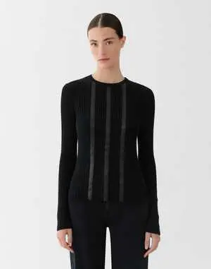 Lafayette 148 New York Wool Cashmere Leather Cable Knit Sweater - Black