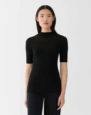 Lafayette 148 New York Paisley Merino Wool Ribbed Illusion Sweater Black