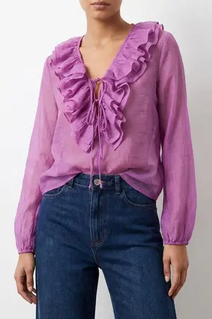 EXQUISE Decorative Stitch Blouse With Tie Neck - Pink