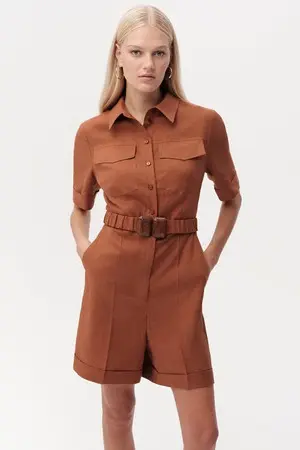 EXQUISE Carole Shirt Collar Belted Linen Jumpsuit