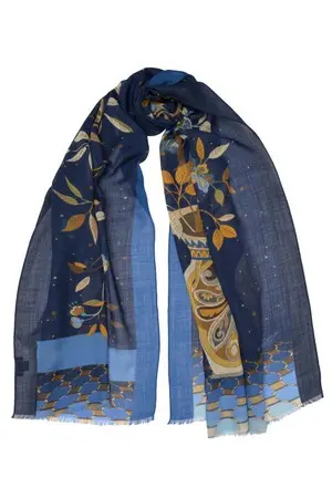 ELIZABETTA Vaso Fioritowool Silk Scarf - Blue