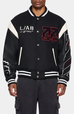 L/AB C/O OFF-WHITE Off Varsity Wool & Leather Jacket - Black