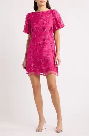 Eliza J Embroidered Puff Sleeve Shift Minidress - Fch