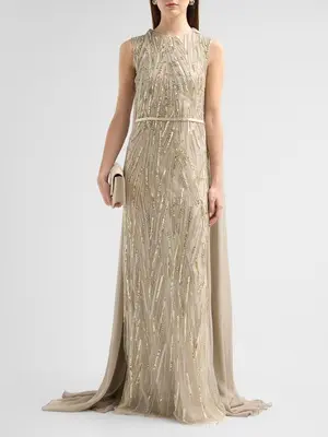 REEM ACRA After Midnight Embellished Sheer Cape Gown