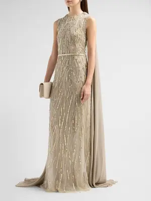 REEM ACRA After Midnight Embellished Sheer Cape Gown