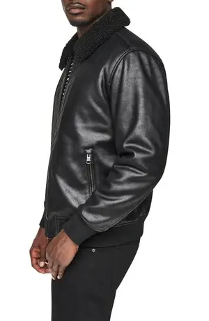Dkny Faux Leather Bomber Jacket With Faux Fur Collar - Black