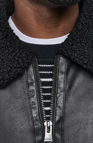 Dkny Faux Leather Bomber Jacket With Faux Fur Collar - Black
