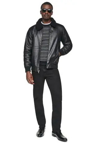 Dkny Faux Leather Bomber Jacket With Faux Fur Collar - Black