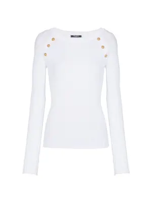 Balmain Buttoned-shoulder Boatneck Sweater - Blanc