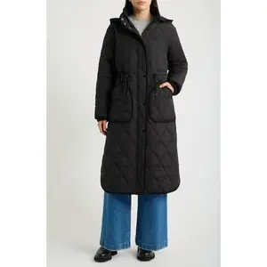 Bernardo Hooded Diamond Quilted Long Coat - Black