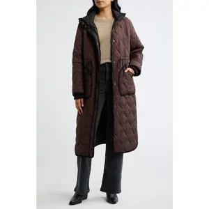 Bernardo Hooded Diamond Quilted Long Coat - Mole