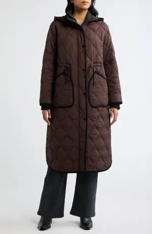 Bernardo Hooded Diamond Quilted Long Coat - Mole