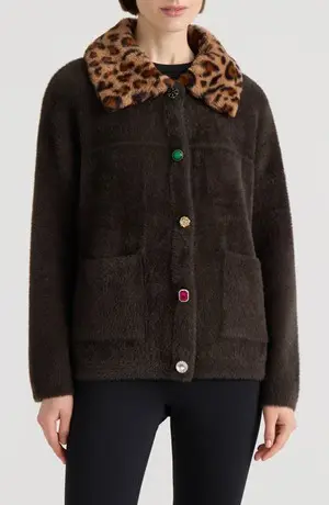 NVLT Eyelash Crop Coatigan With Faux Fur Collar - Espresso