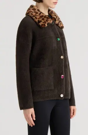 NVLT Eyelash Crop Coatigan With Faux Fur Collar - Espresso