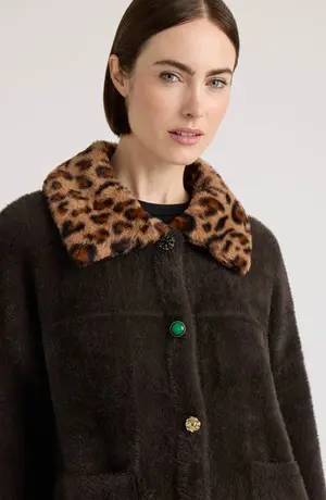 NVLT Eyelash Crop Coatigan With Faux Fur Collar - Espresso