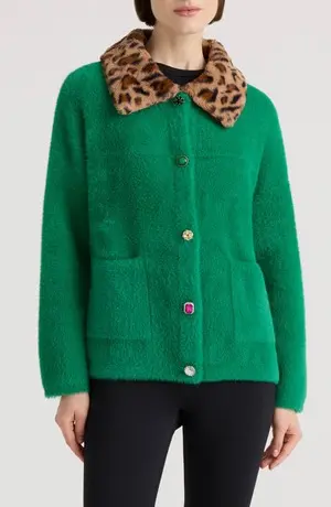 NVLT Eyelash Crop Coatigan With Faux Fur Collar - Green