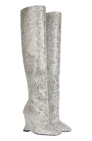 Balmain Wedge Thigh-high Satin Boots With Crystals - Silver