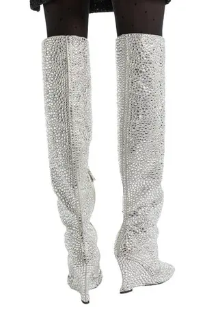 Balmain Wedge Thigh-high Satin Boots With Crystals