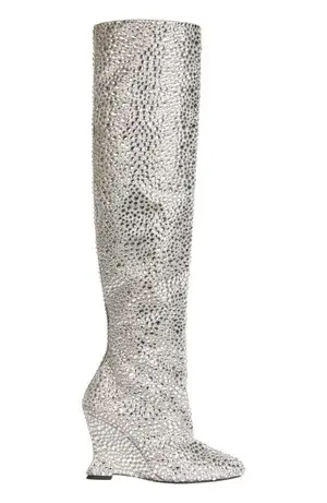 Balmain Wedge Thigh-high Satin Boots With Crystals